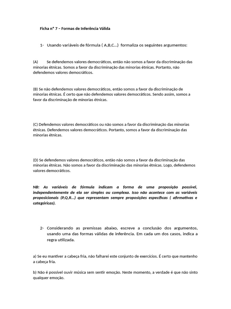 Ficha 7 - Formas de Inferência Válida | PDF