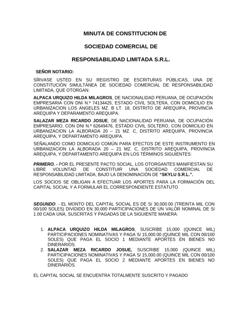 Minuta Skylu SRL | PDF | Sociedad de responsabilidad limitada | Textiles