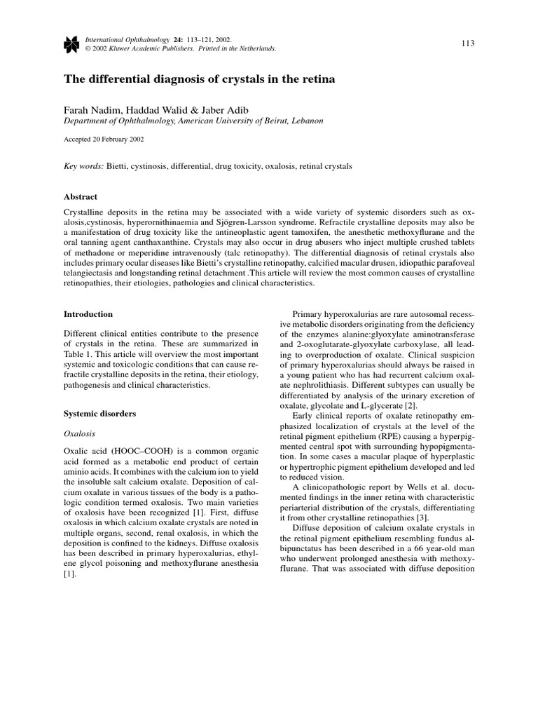 Diff DX of Crystals in The Retina Nadim2001 | PDF | Medical Specialties