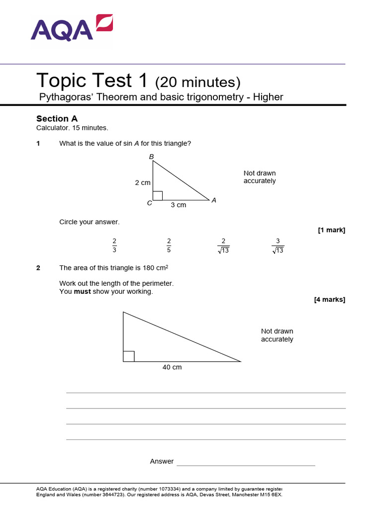 Pythagoras' Theorem and Basic Trigonometry 1 (H) QP | PDF | Trigonometry | Elementary Mathematics