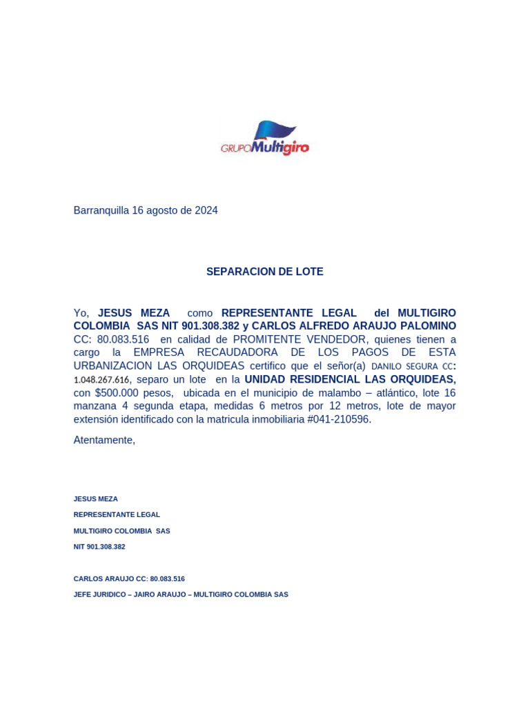 Carta Separacion Danilo | PDF