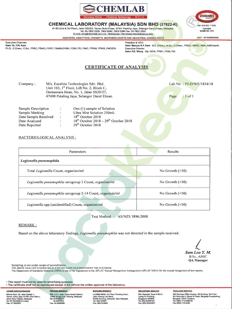 Ultra Mist Legionella Test Report | PDF