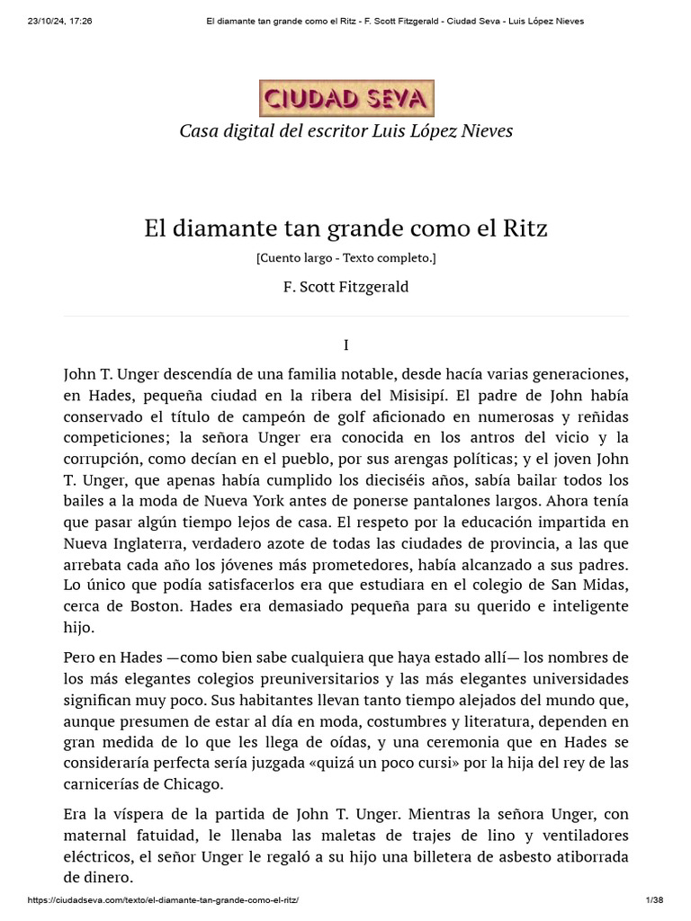 El Diamante Tan Grande Como El Ritz - F. Scott Fitzgerald - Ciudad Seva ...