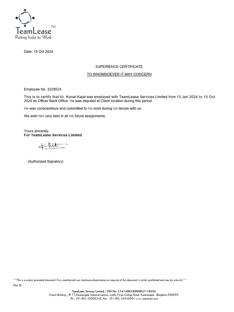 Experience Letter | PDF