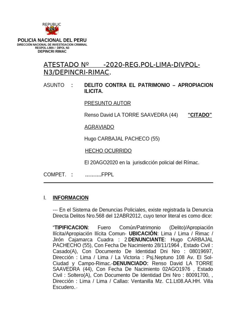 Apropiación Ilícita en Rimac: Caso Renso David | PDF