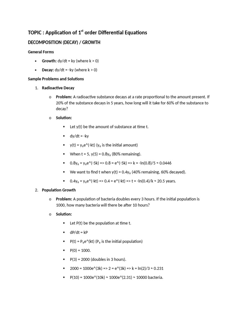 First Order Differential Equations Applications | PDF | Radioactive Decay