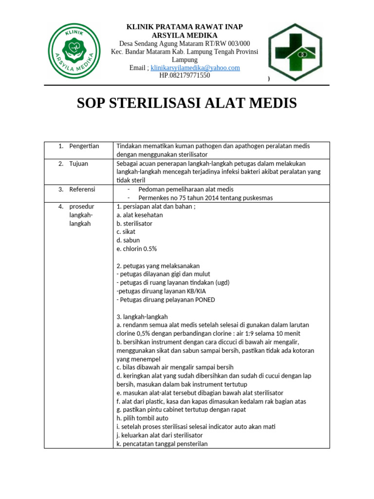 SOP Sterilisasi Alat Medis Klinik Arsyila | PDF