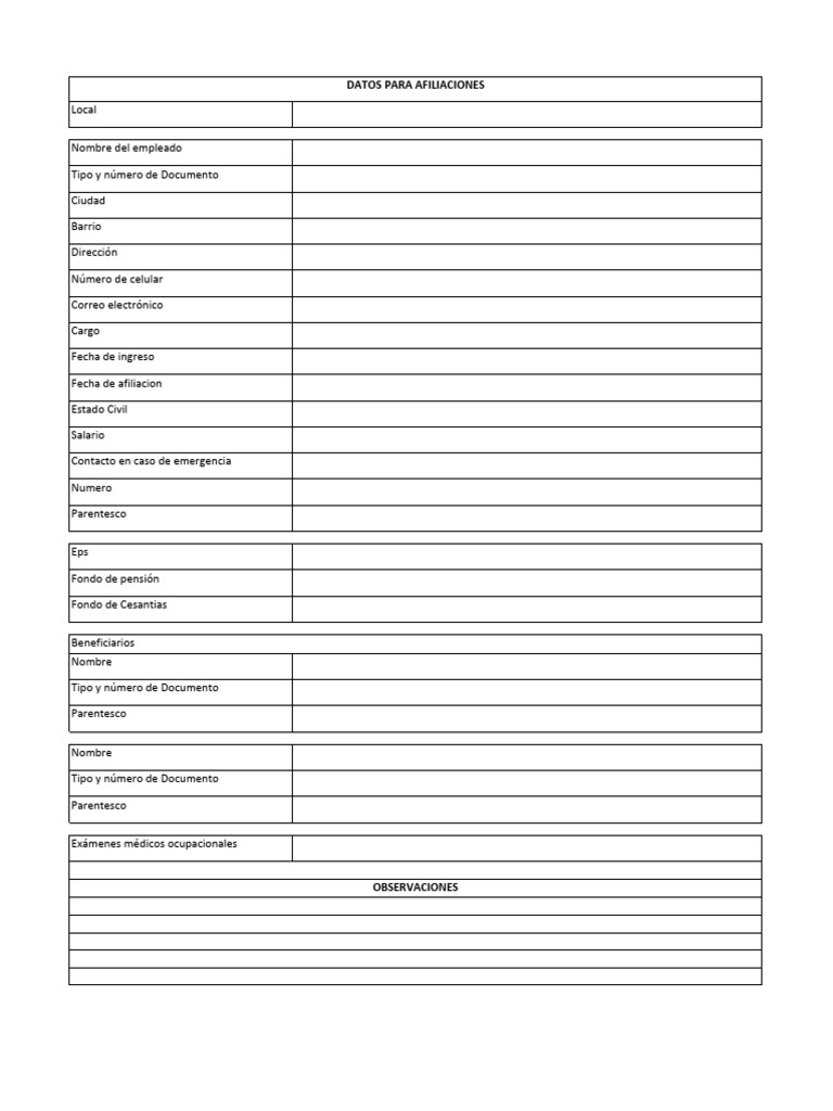 Formulario Datos de Afiliciones 1 | PDF