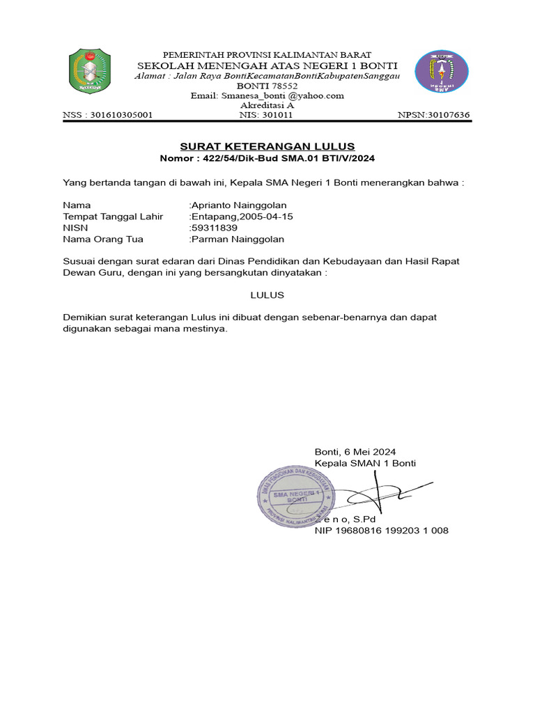 Surat Keterangan Lulus SMA Bonti 2024 | PDF