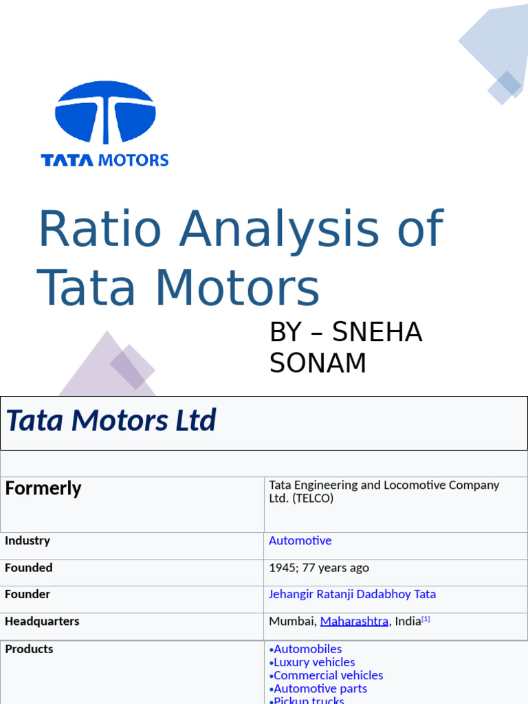 Tata Motors Ratio Analysis | PDF | Equity (Finance) | Inventory