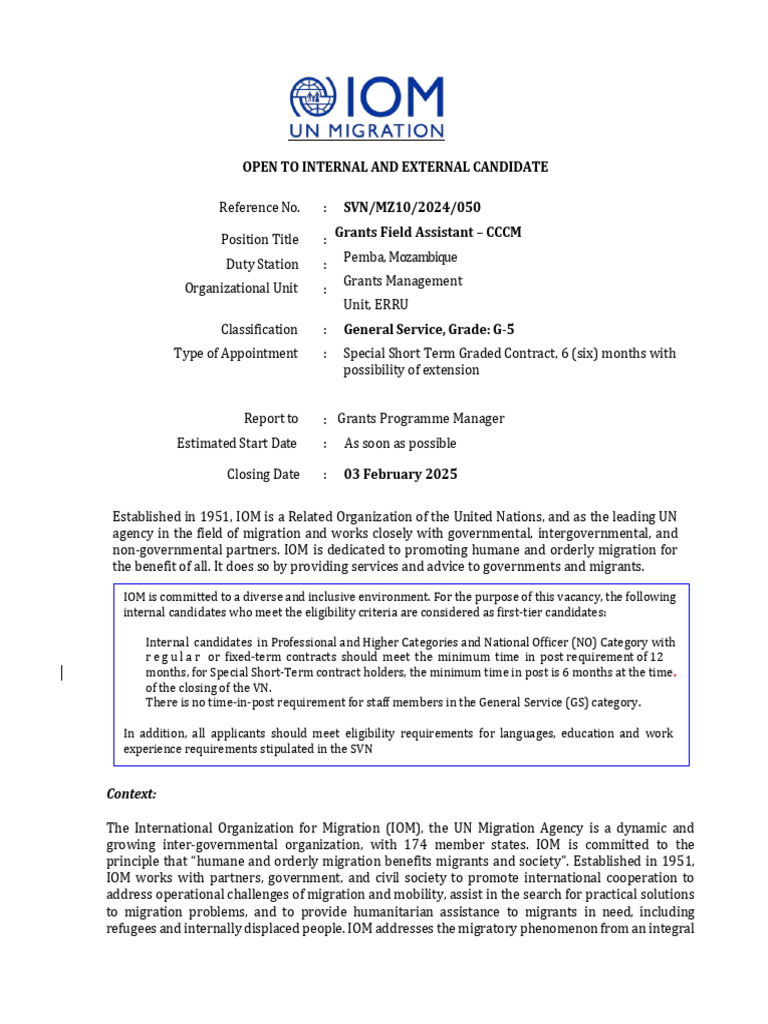 Grants Field Assistant CCCM | PDF | International Organization For Migration | Human Migration