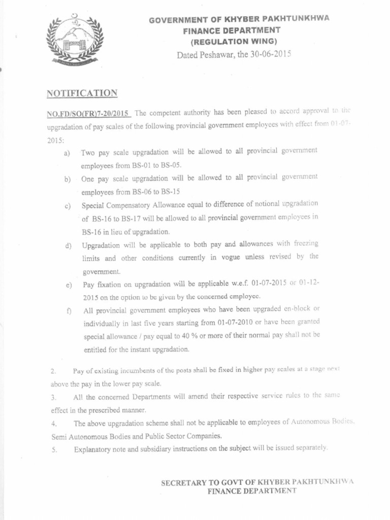 One Step and Two Step Upgradation of Provincial Employees and Grant of Special Compensatory ...
