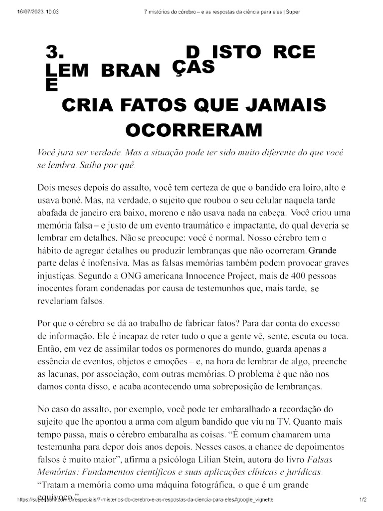 O Cerebro Distorce Lembranças e Cria Fatos Que Jamais Ocorrerram | PDF