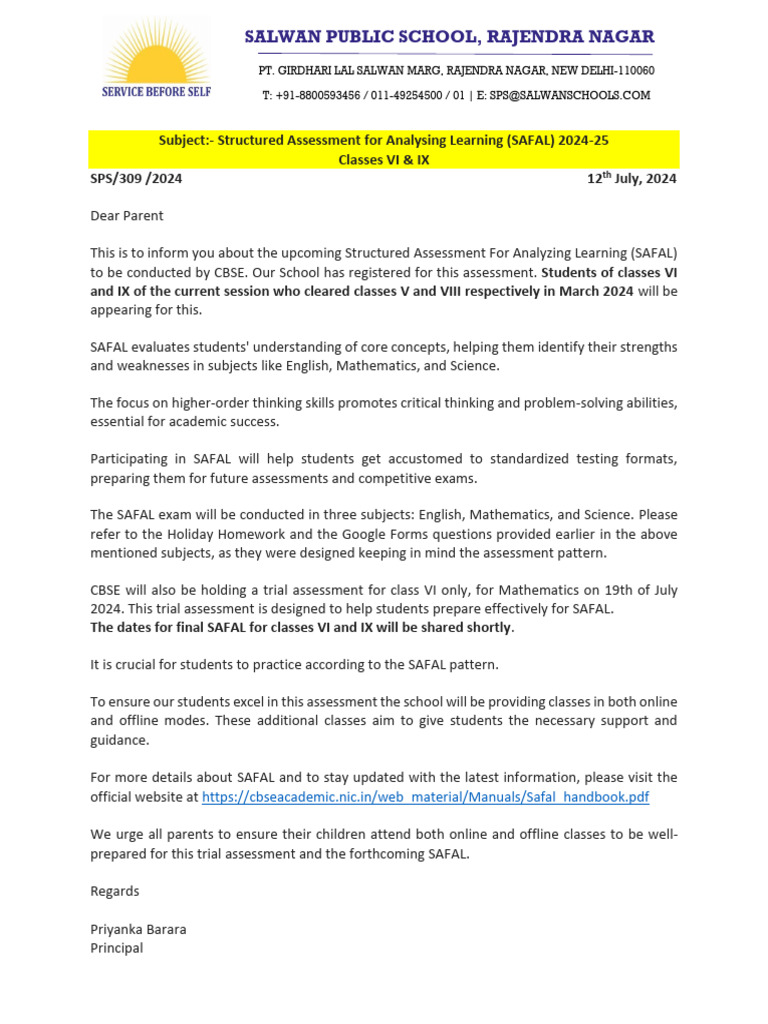 Structure Assessment For Analysing Learning SAFAL 2024 25 Classes VI IX ...