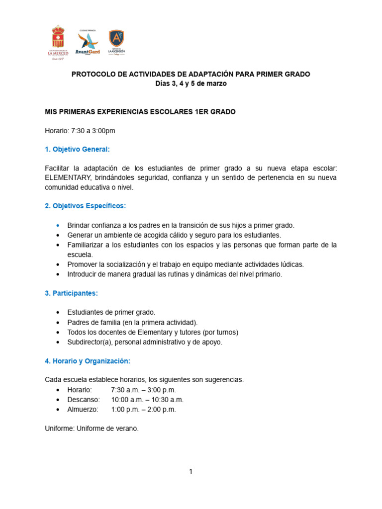 Protocolo Adaptación Primer Grado | PDF | Salón de clases | Escuelas
