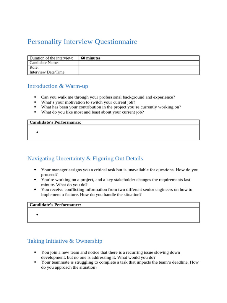 Personality Interview Questionnaire - Interview Questionnaire v1.0 1 ...