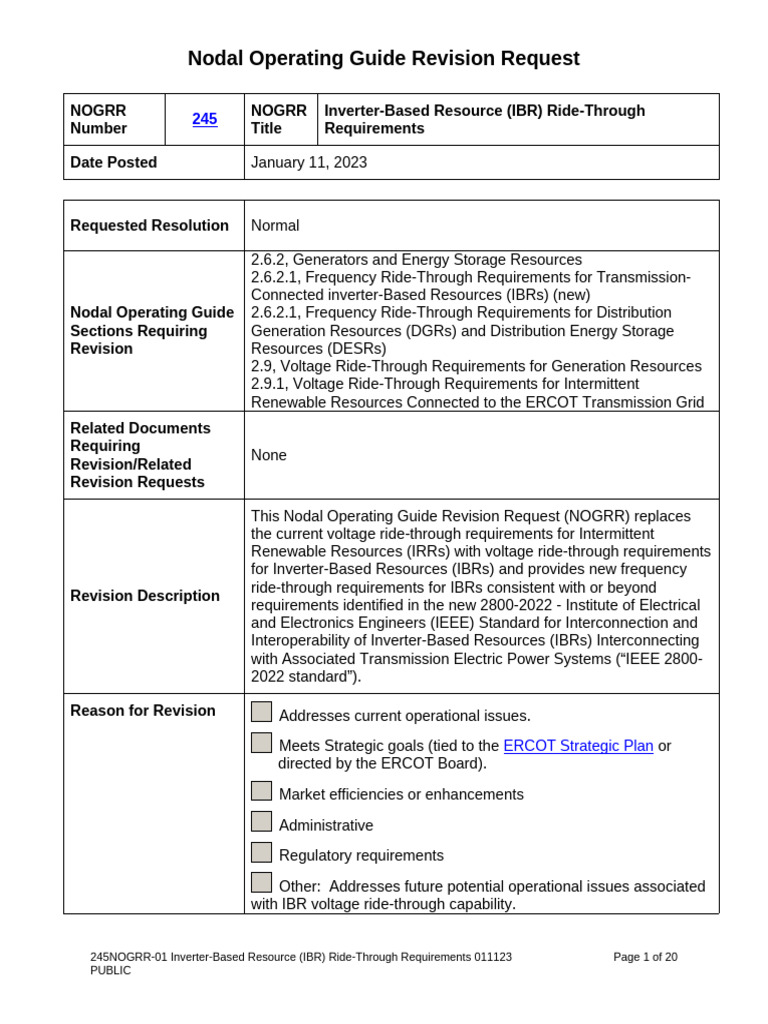 245NOGRR-01 Inverter-Based Resource (IBR) Ride-Through Requirements ...