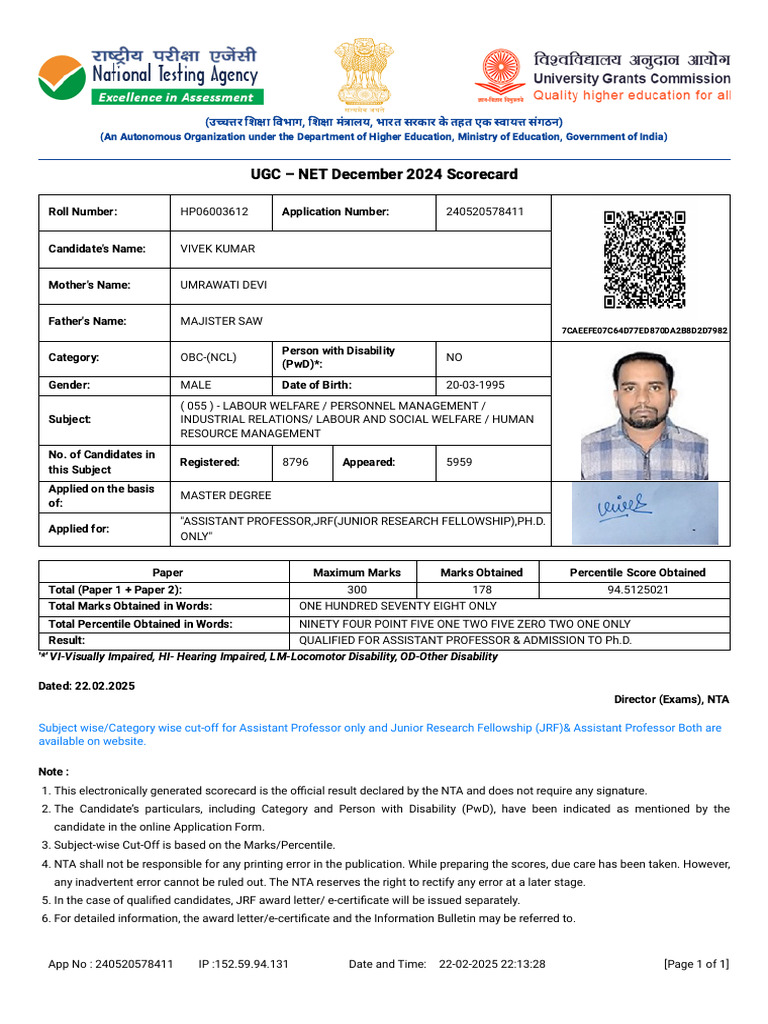 UGC NET December 2024 Scorecard | PDF | Qualifications