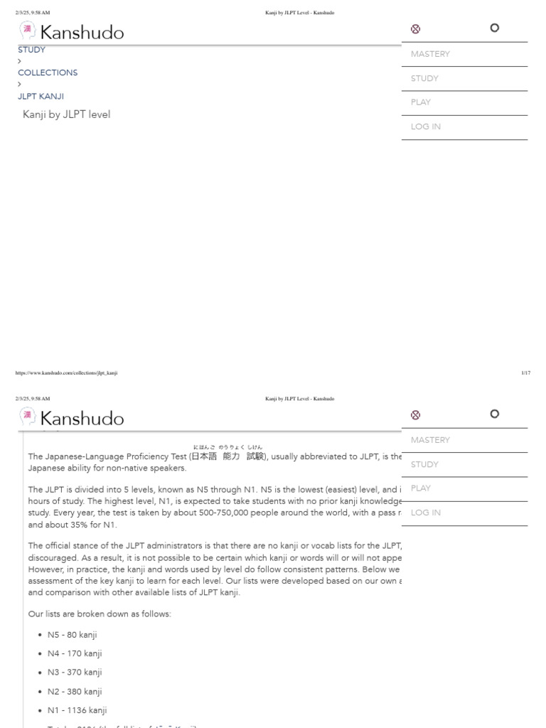 Kanji by JLPT Level - Kanshudo | PDF