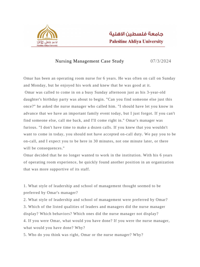 Nursing Management Case Study | PDF