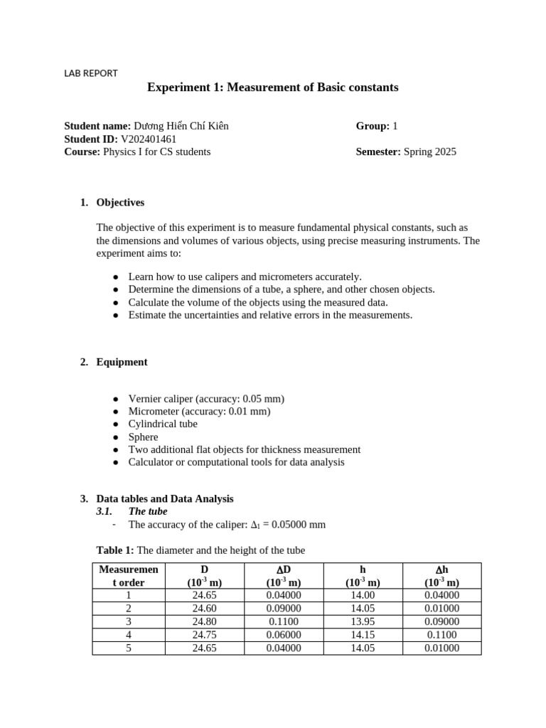 LAB REPORT 1 Basics Measurements Chí Kiên | PDF | Accuracy And Precision | Metrology