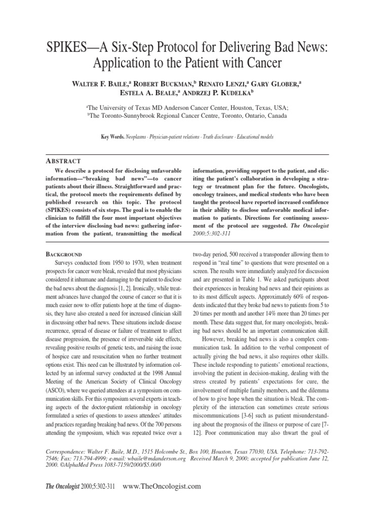 SPIKES-A Six-Step Protocol For Delivering Bad News - Application To The ...