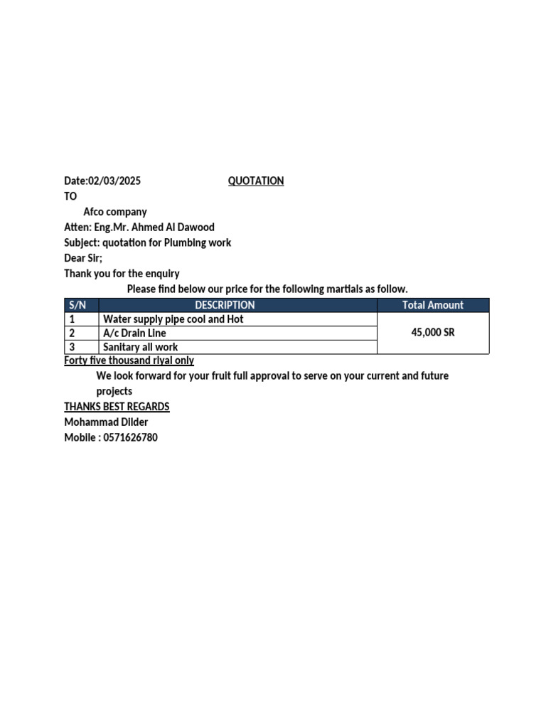 Plumbing Work Quotation for Afco Company | PDF