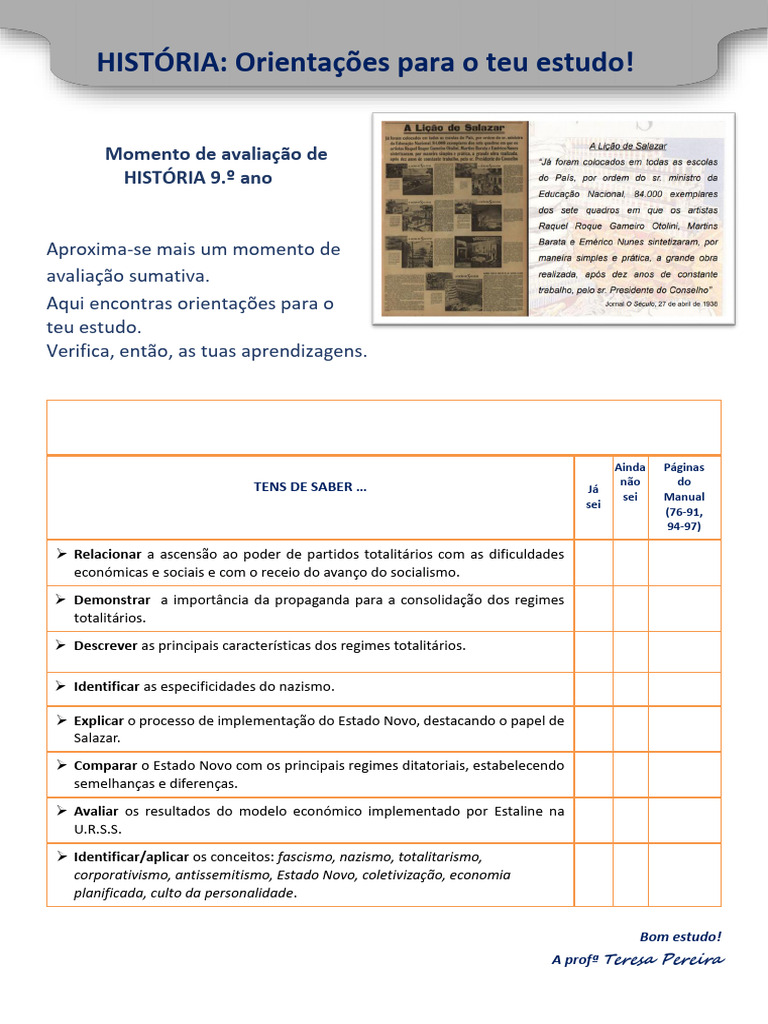 Guião ESTUDO HIST 9ºanoditaduras | PDF