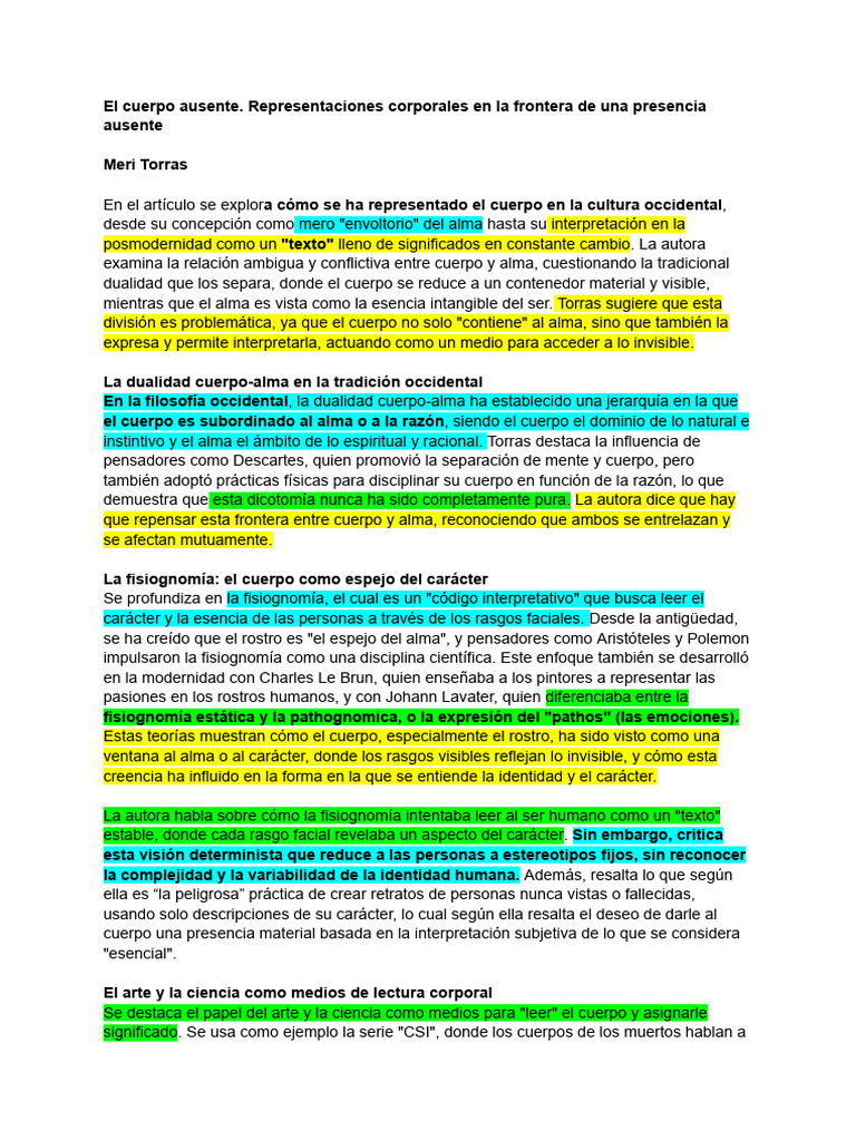 El Cuerpo Ausente Resumen | PDF | Alma | Fisonomía