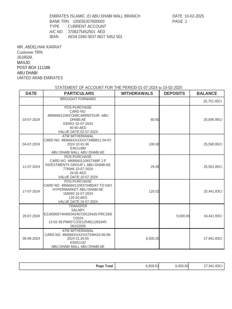 Emirates Islamic Bank Statement | PDF | Transaction Account | Banks
