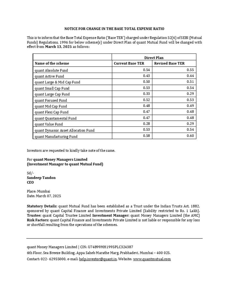 TER Change in Schemes Direct Plan Wef 13.03.2025 - Notice-On-website Final | PDF | Investing ...