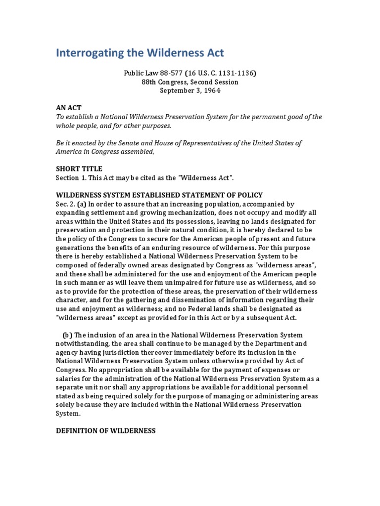 An Analysis of the Wilderness Act of 1964: Establishing the National ...
