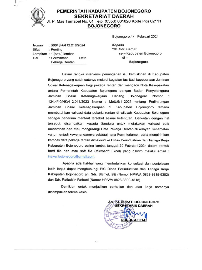 Surat Kpd. Camat Se-Bojonegoro Permintaan Data Pekerja Rentan | PDF