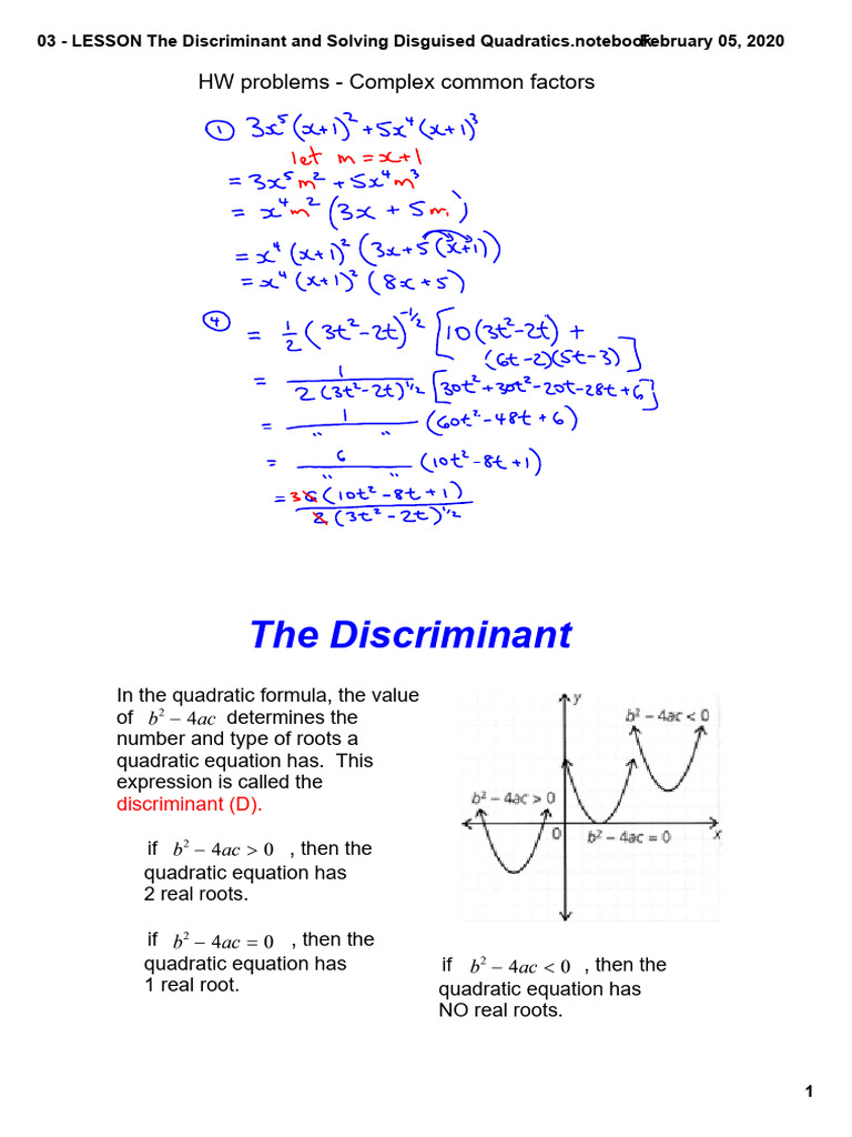 03 - LESSON The Discriminant and Solving Disguised Quadratics | PDF ...