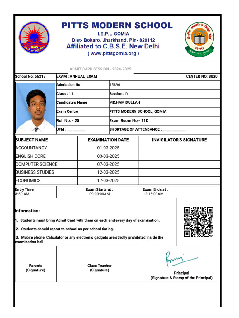 Admit Card for Annual Exam 2024-25 | PDF