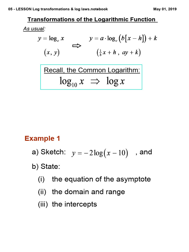 05 - LESSON Log transformations & log laws | PDF | Logarithm | Asymptote