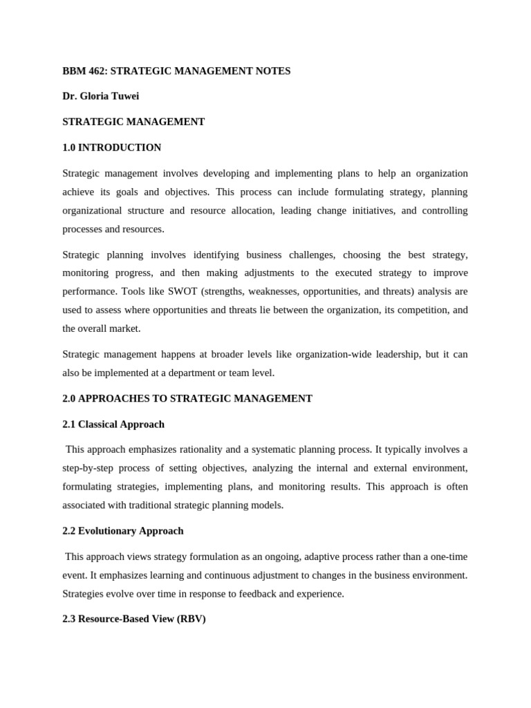 BBM 462 Strategic MGT Notes | PDF | Strategic Management | Swot Analysis