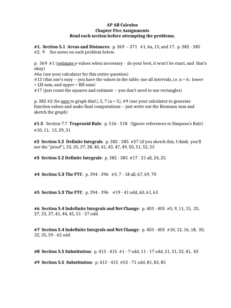 AP Calculus Chapter 5 Assignments Guide | PDF