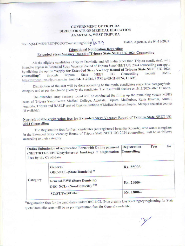 Educational Notification Regarding Extended Stray Vacancy Round of Tripura State NEET UG 2024 ...