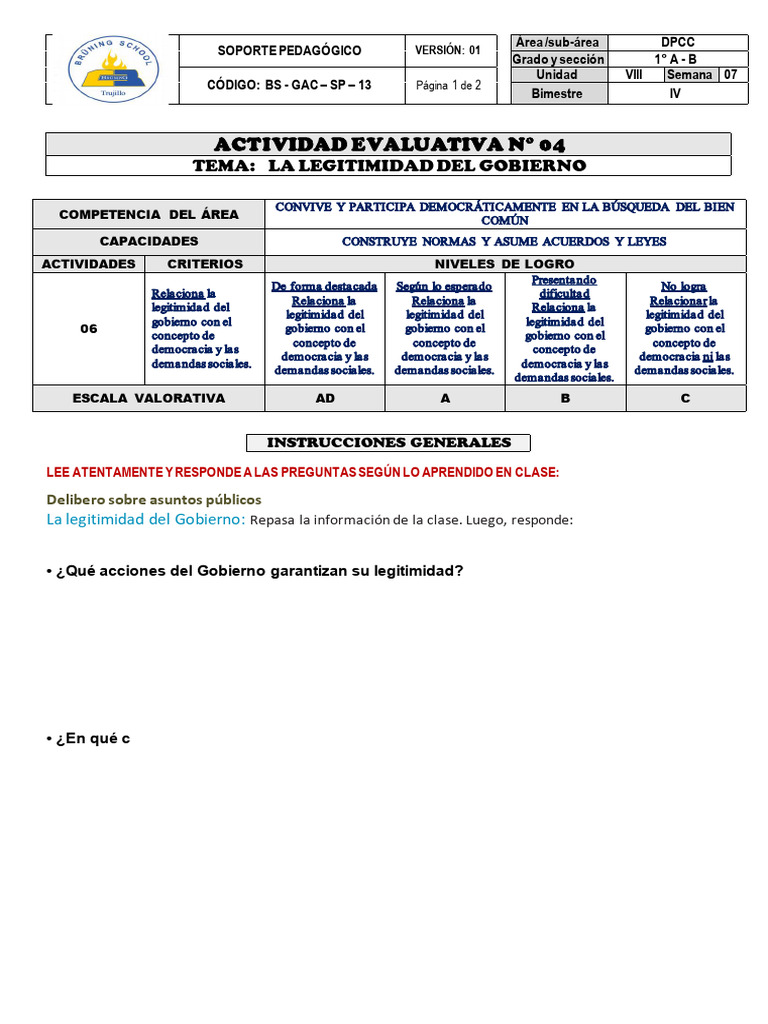1° Dpcc-Legitimidad - gobierno-TAREA-4-ok | PDF | Aprendizaje