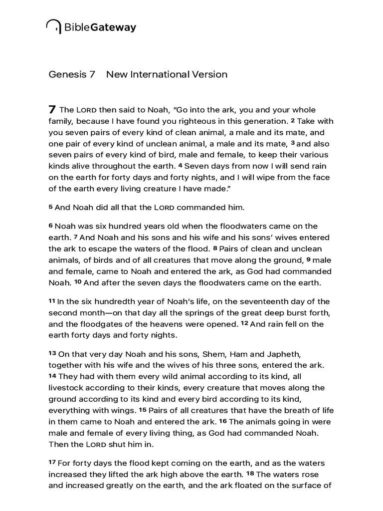 Genesis 7 NIV - The LORD then said to Noah, “Go into - Bible Gateway ...