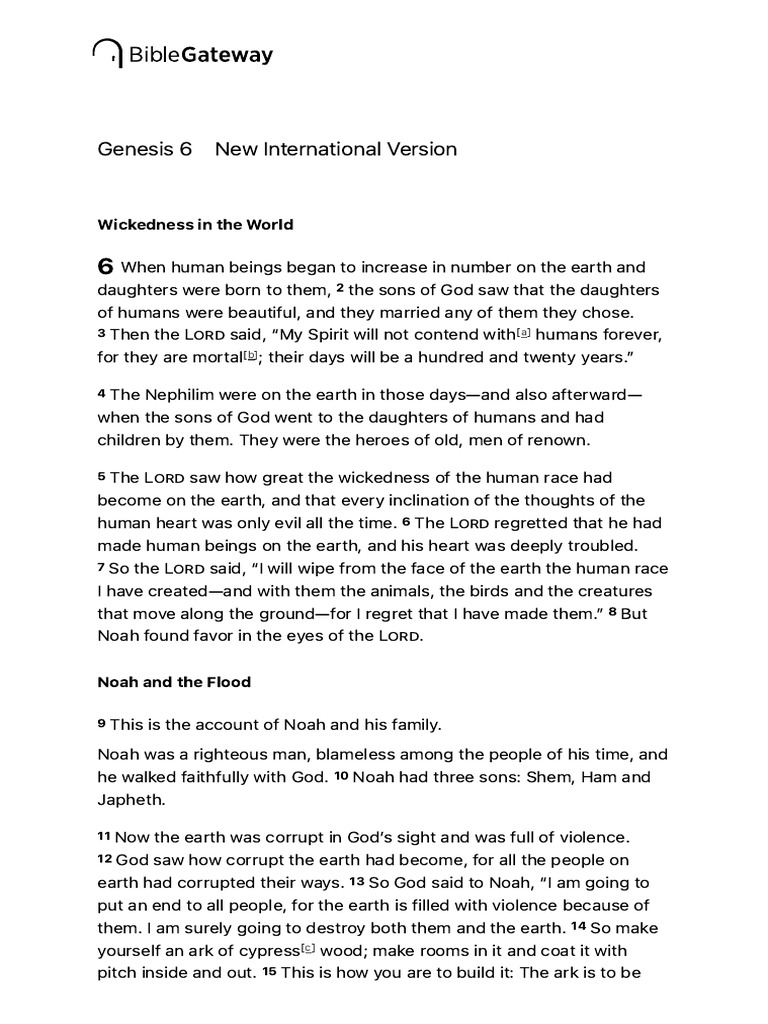 Genesis 6 NIV - Wickedness in The World - When Human - Bible Gateway ...
