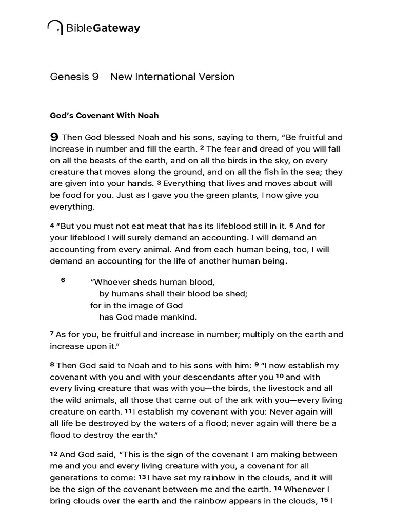 Genesis 9 NIV - God's Covenant With Noah - Then God - Bible Gateway ...