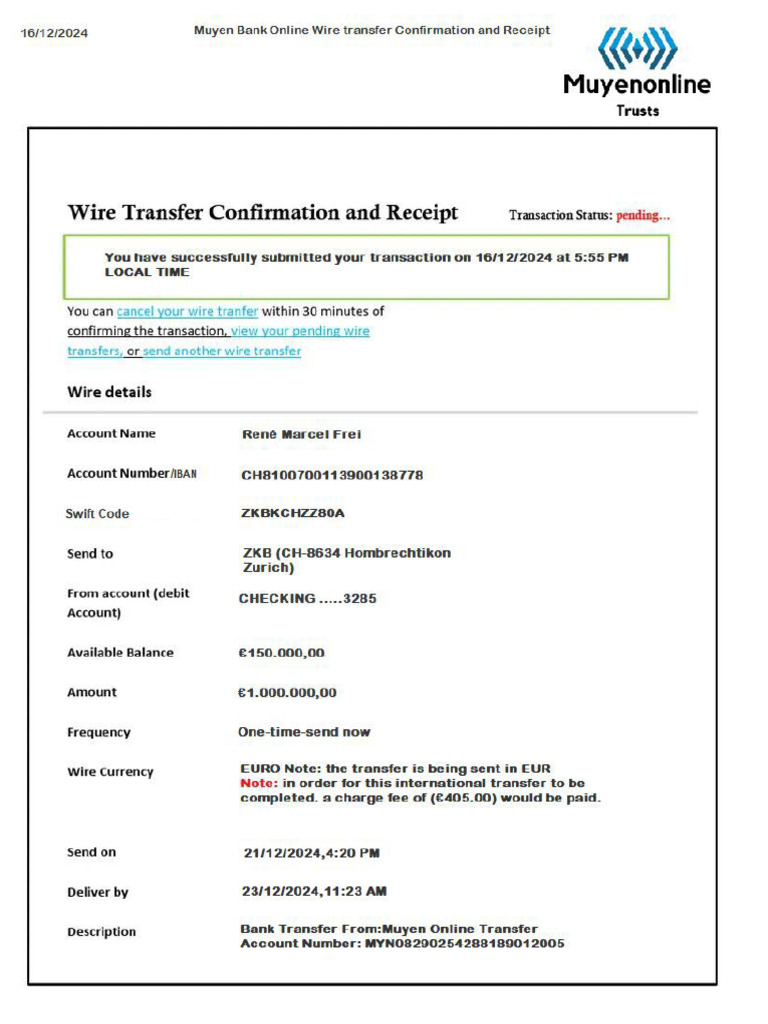 TRANSFER CONFIRMATION PROOF (MR.RENE MARCEL FREI) | PDF