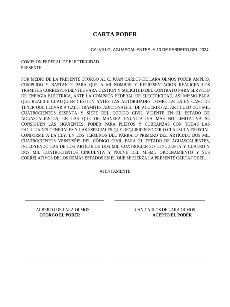 carta poder CFE | PDF