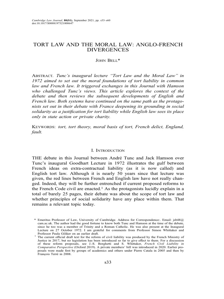 Tort Law and The Moral Law - Anglo-French Divergences | PDF | Tort ...