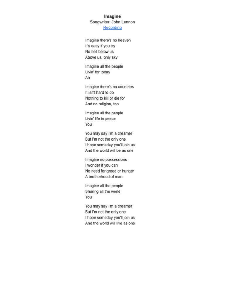 Imagine - Lyrics | PDF