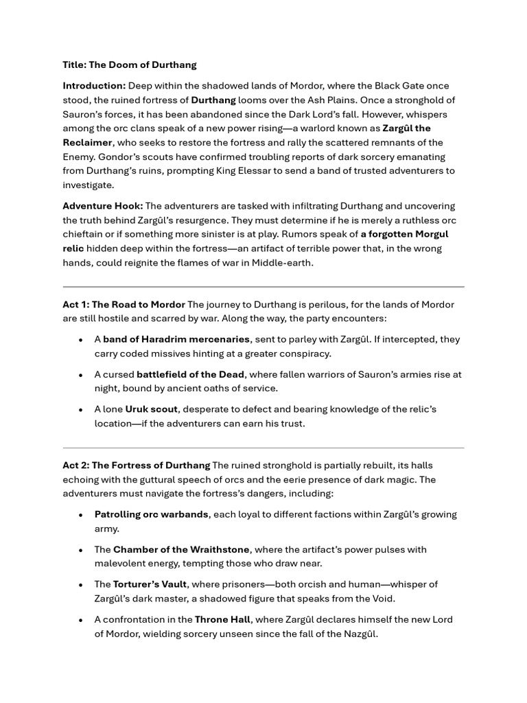 D&D lotr One shot The Doom of Durthang | PDF | Middle Earth