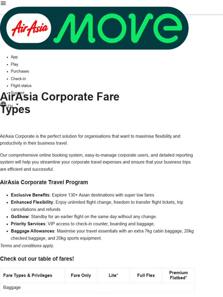 AirAsia Corporate Fare Types - Special Travel Benefits - Airasia | PDF ...