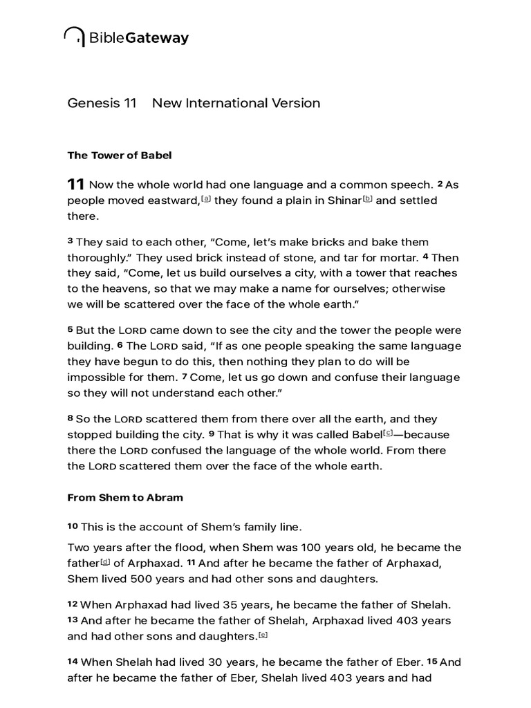 Genesis 11 NIV - The Tower of Babel - Now The Whole - Bible Gateway ...